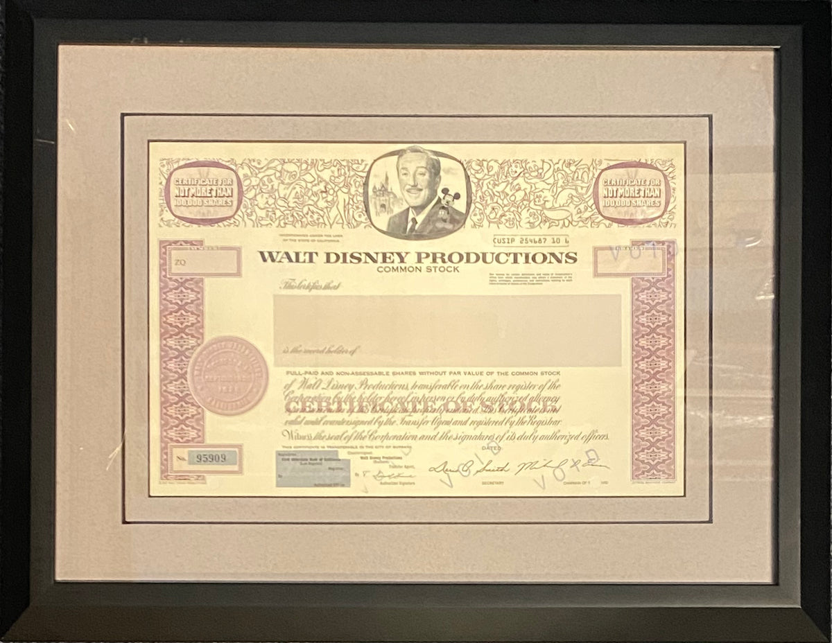 Framed Walt Disney Productions Common Stock Certificate - 1988 – The ...