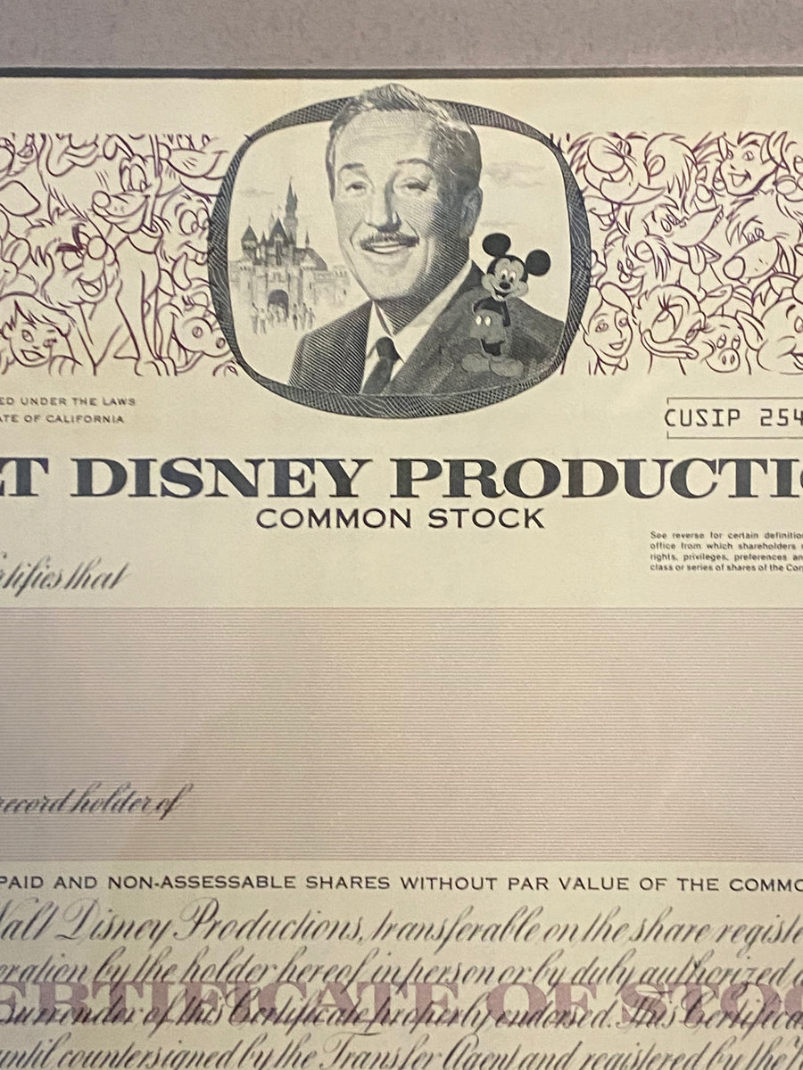 Framed Walt Disney Productions Common Stock Certificate - 1988 – The ...