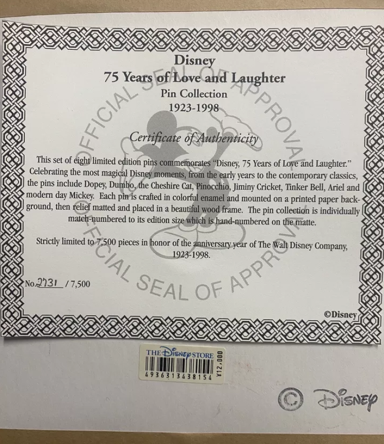 Disney 75 Years of Love and Laughter Pin set of 8 framed Ltd Ed Dumbo ...